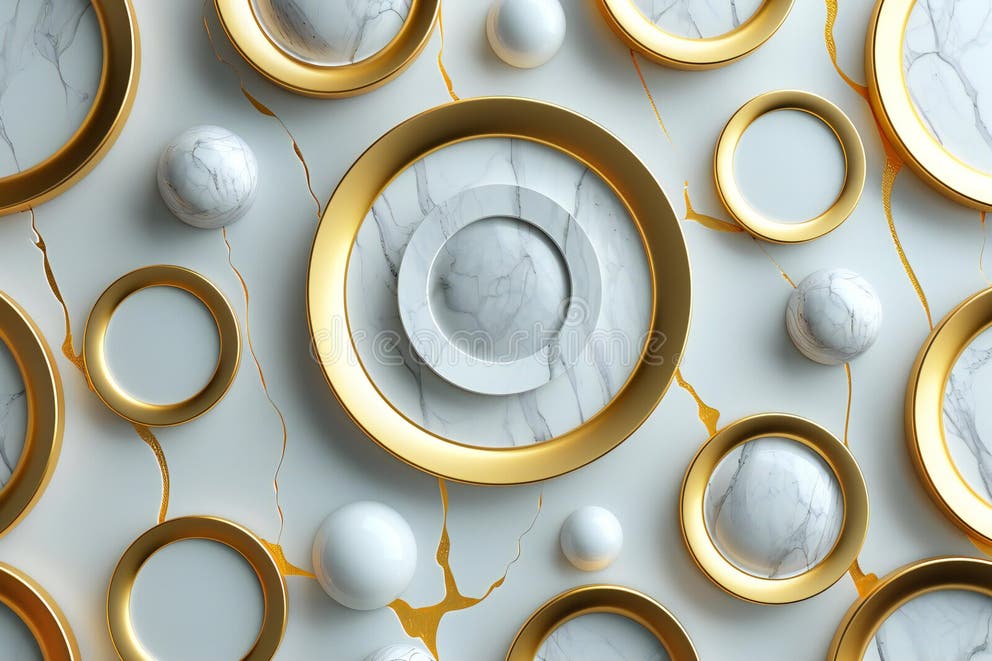 Abstract Seamless Pattern with Golden Circles and White Ceramic Rings ...