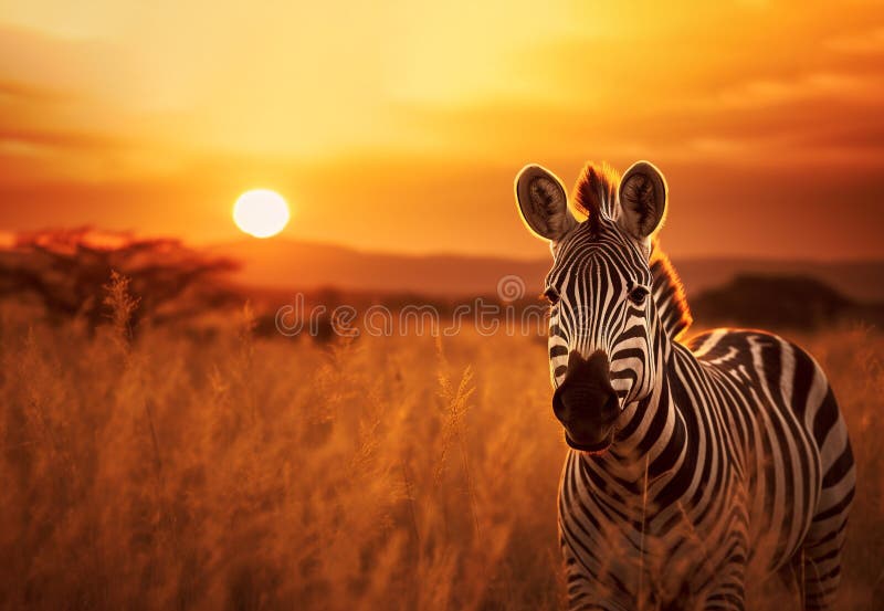 Illustration of African Landscape with Zebra in the Sunset Light ...