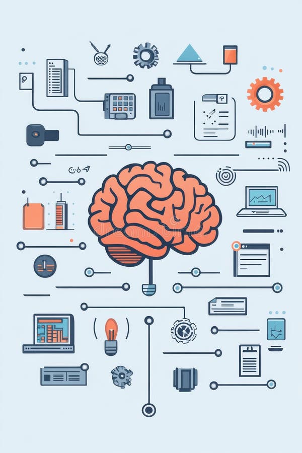 Illustration of AI Brain Surrounded by Technology Symbols, Depicting ...