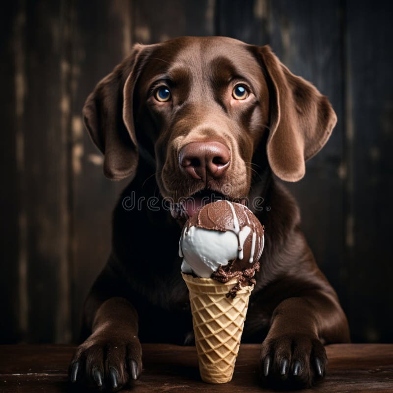 Illustration, AI Generation. Brown Labrador Retriever Eating Ice Cream ...