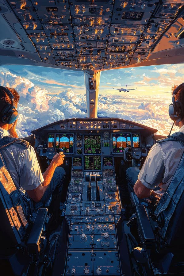 Illustration of Airplane Cockpit with Two Pilots in Flight Stock Image ...