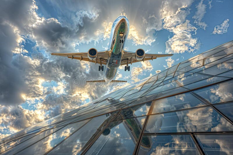 An Airplane is Flying Along a Large Building, High Quality, High ...