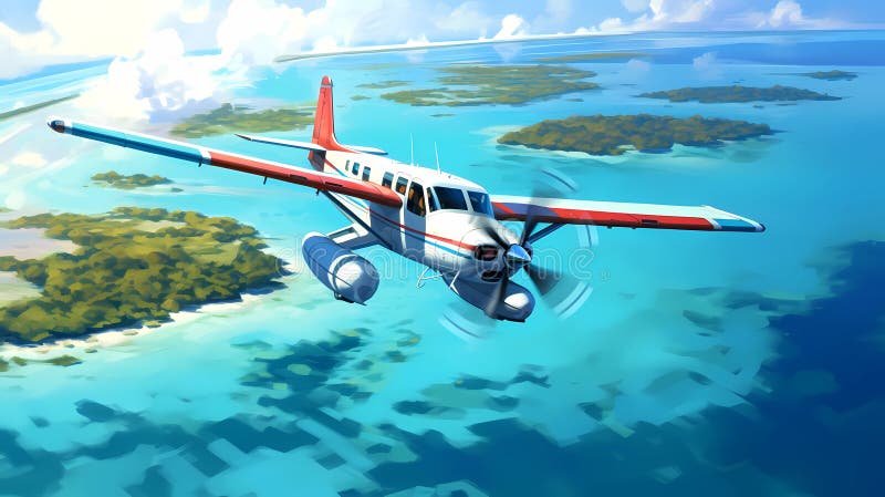 Illustration of an Airplane Flying Over the Islands in the Ocean Stock ...
