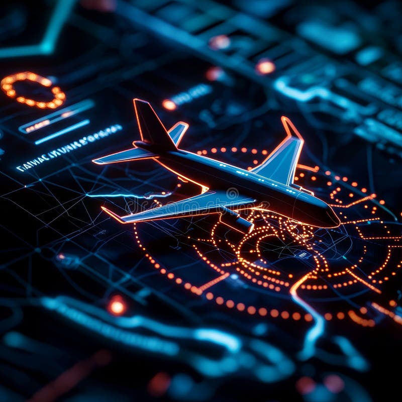Illustration of an Airplane Model on a Digital Interface with Neon ...