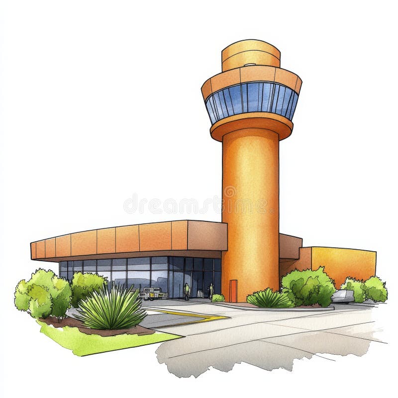 Airport Terminal Illustration Featuring Orange Control Tower and Curved ...