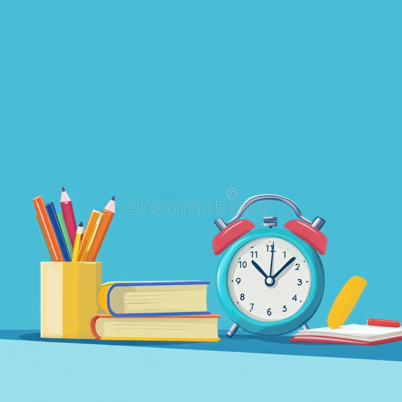 Illustration of an Alarm Clock, Books, Pencils, and Notebook on a Blue ...