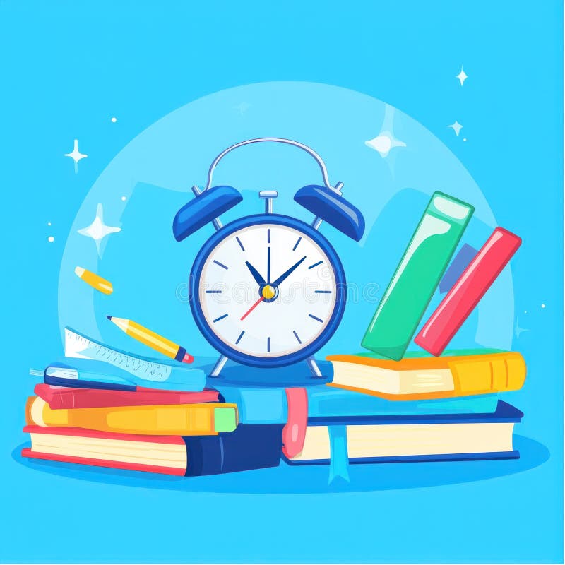 Illustration of an Alarm Clock, Stack of Books and School Supplies on ...