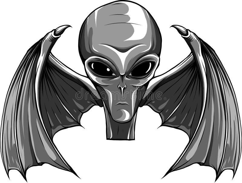 Monochromatic Alien Head with Bat Wing on White Background Stock Vector ...