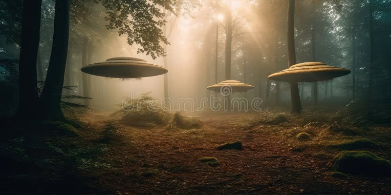 A Group of UFOs Hovering through Trees and Mist Stock Illustration ...