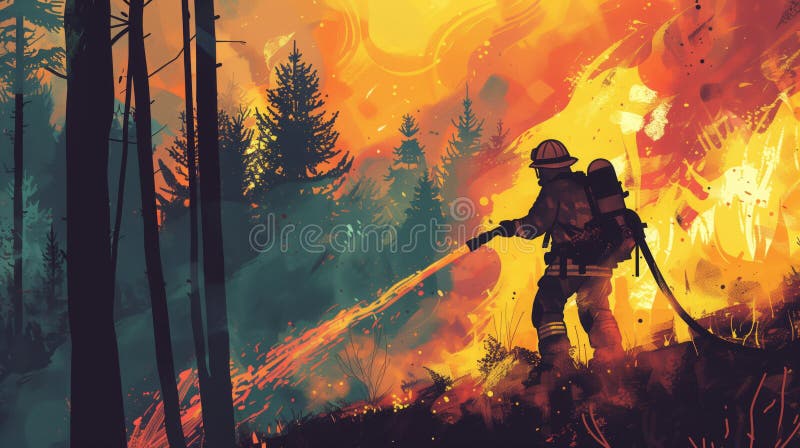 Illustration of an American Firefighter Battling a Wildfire in a Forest ...