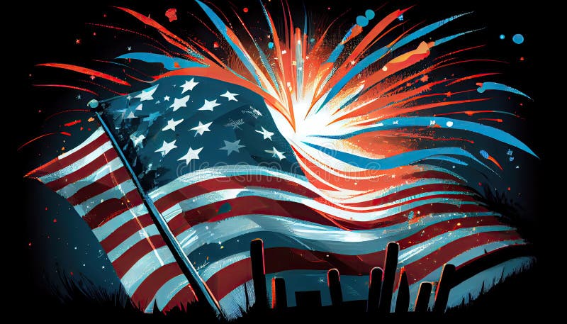 An Illustration of the American Flag with Fireworks Exploding ...