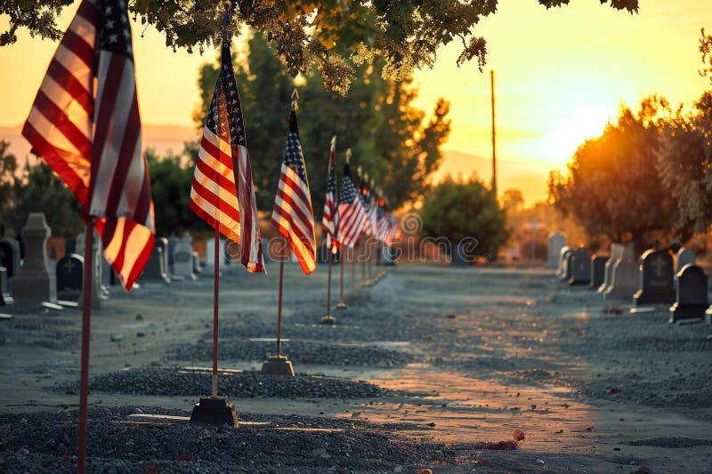 American Flags on a Grave at Sunset, Memorial for the Dead Stock ...