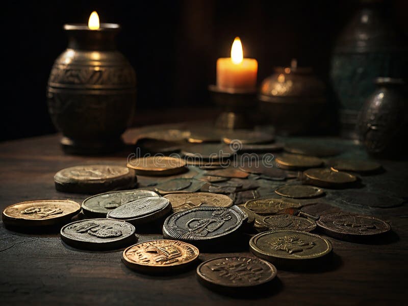 Illustration of Ancient Coins on a Table Stock Illustration ...