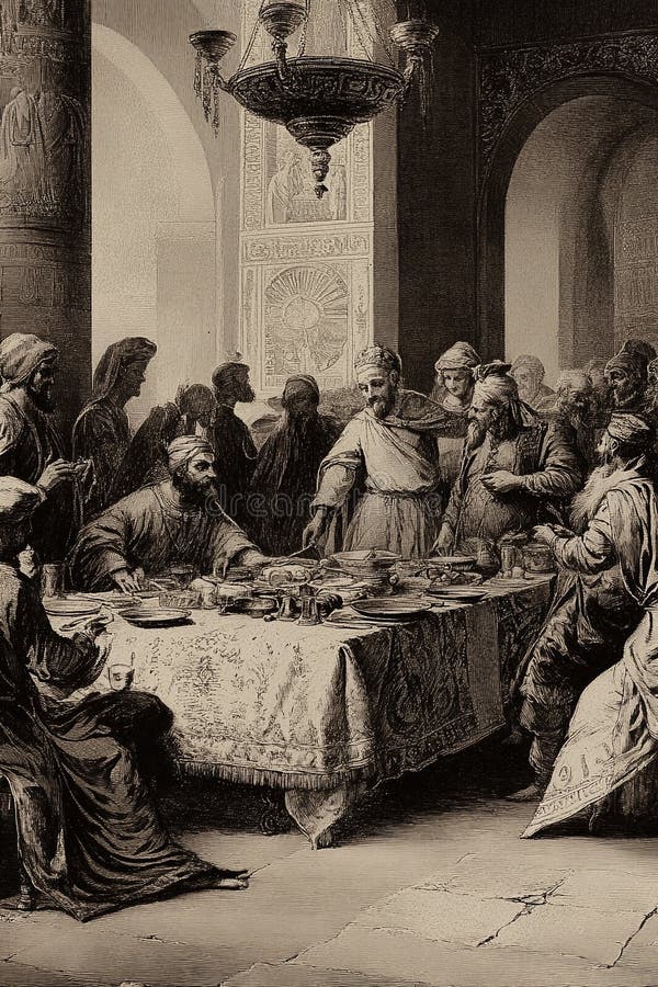 Illustration of an Ancient Feast Rendered in Classic Engraving Style ...