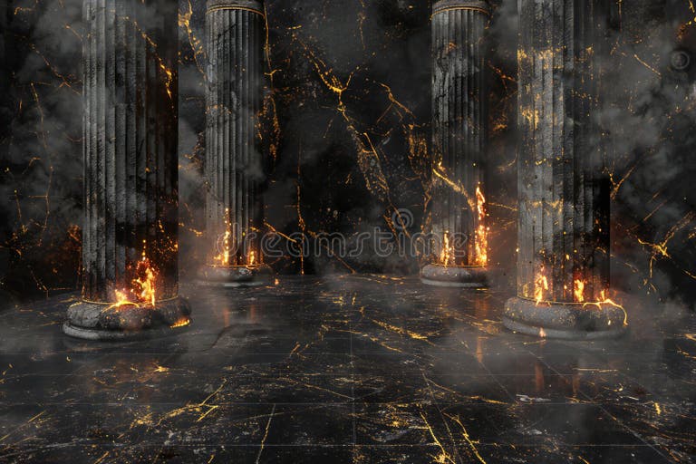 Illustration of Ancient Greek Columns with Fire and Smoke Stock ...