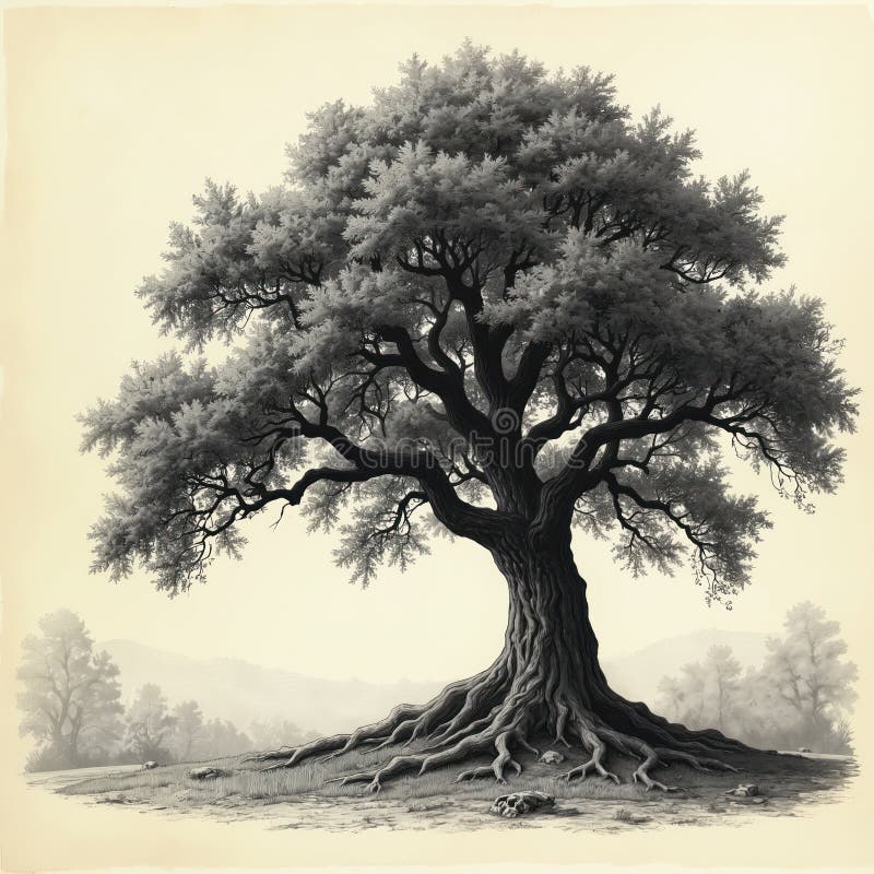 Illustration of an Ancient Oak with Dense Canopy and Vast Root System ...