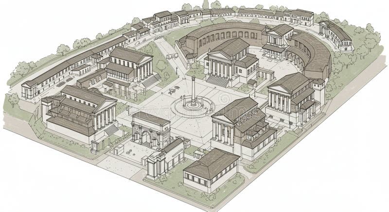 Illustration of an Ancient Roman Forum Layout with Multiple Classical ...