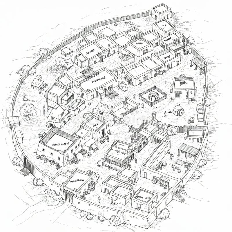 Illustration of an Ancient Settlement Surrounded by a Circular Wall ...