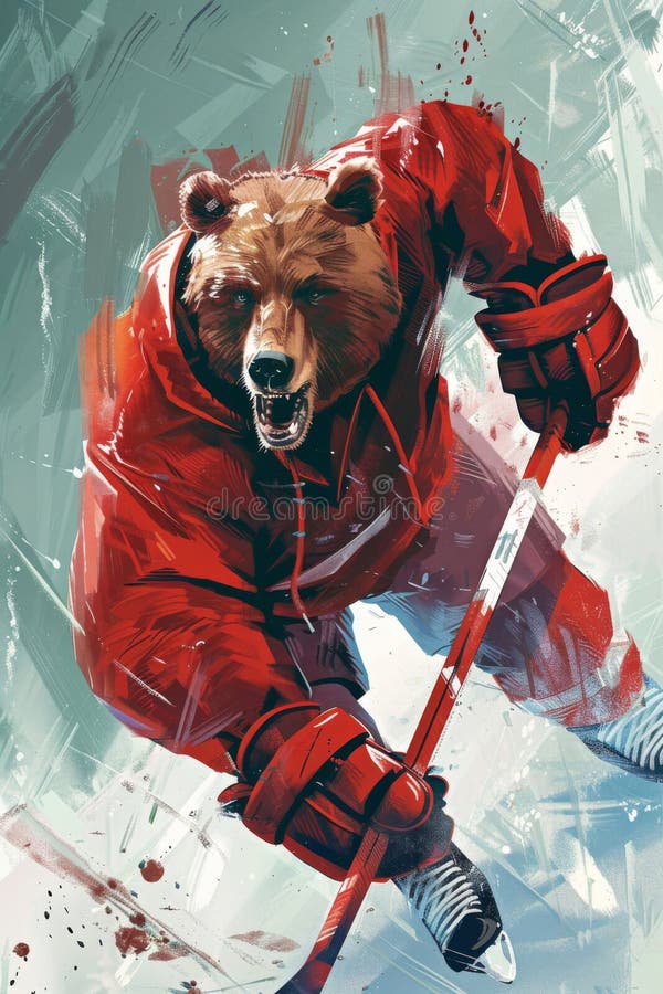 Illustration of Angry Russian Bear Playing Ice Hockey. Generative AI ...