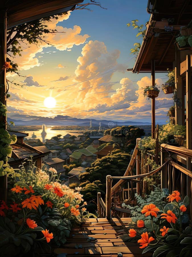 An Illustration Animation Painting of a Sunset with Village View Stock ...