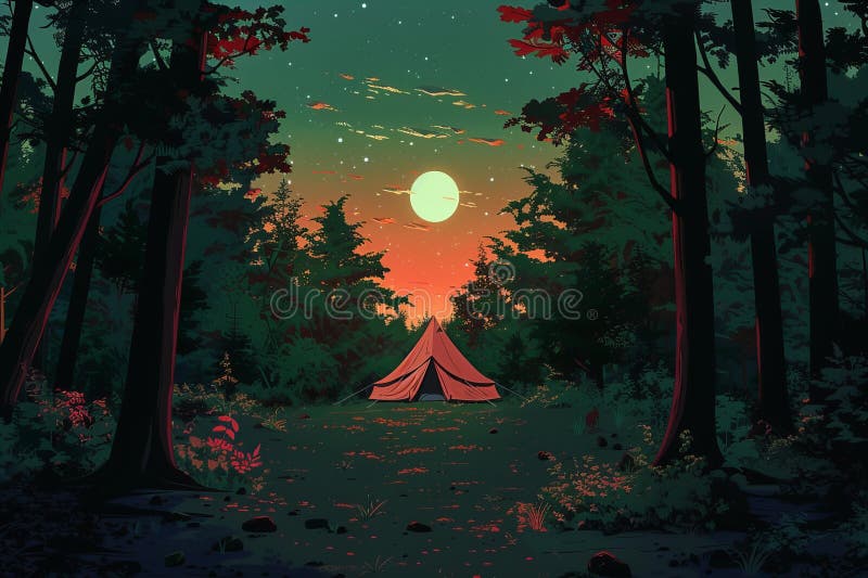 An Animation of a Tent in the Middle of Dark Night Forest Stock ...
