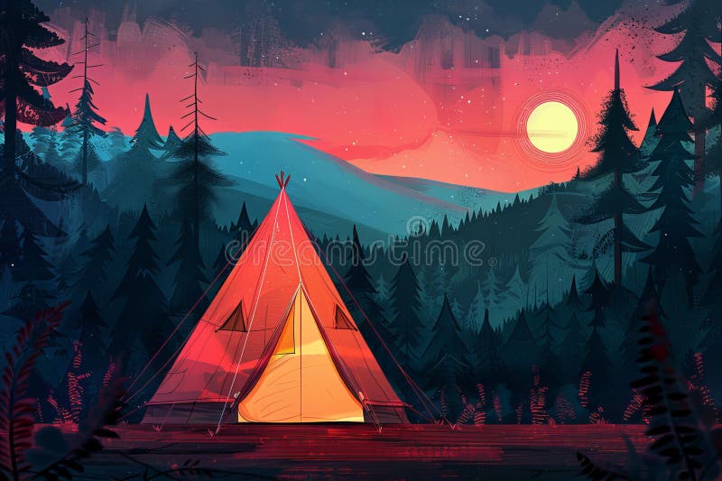 An Animation of a Tent in the Middle of Dark Night Forest Stock ...