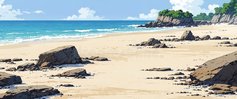Illustration of an Anime Beach Scenery with Rocks. Stock Image - Image ...