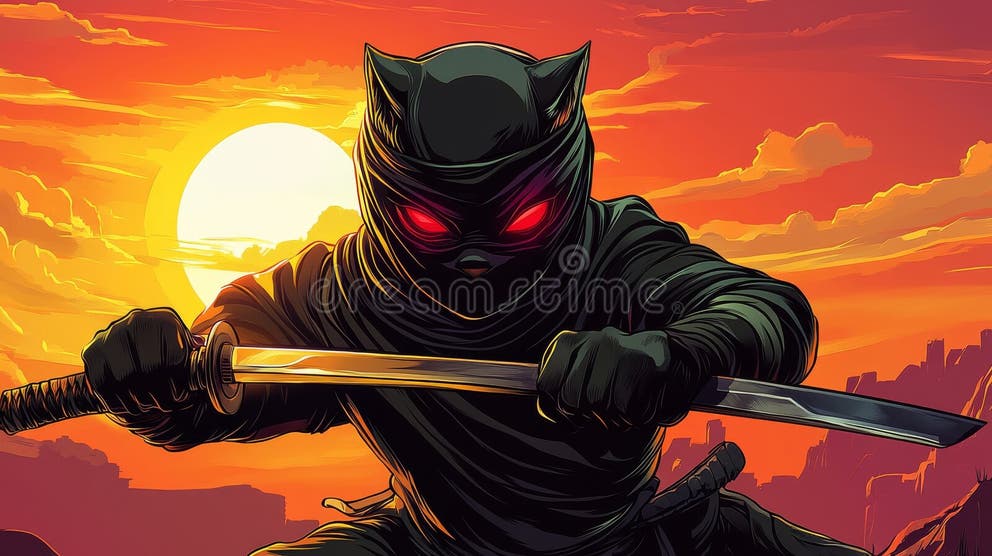 Illustration of Anime 2D Comic Style Cat Ninja Design in Flat Modern ...