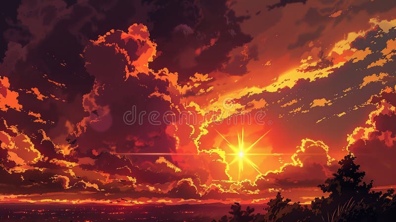 Illustration in Anime Style: Dramatic Sky with Clouds at Sunset. Ai ...