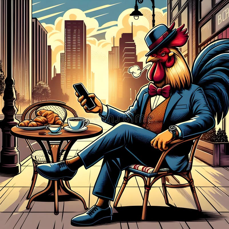 Elegant Rooster in City Cafe Stock Illustration - Illustration of table ...