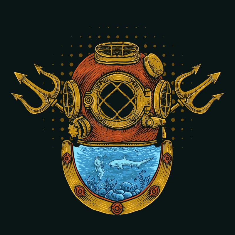 Illustration Antique Diving Helmet with Two Trident Stock Vector ...