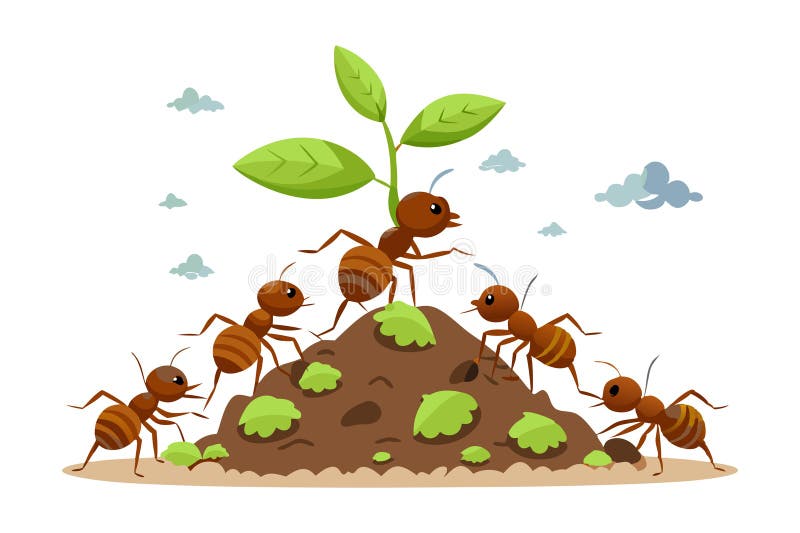 Illustration of Ants Working Together on an Anthill with Green Plant ...