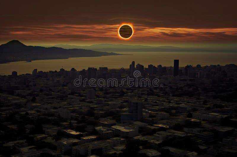 Illustration of April 8, 2024 Total Solar Eclipse, American City during ...