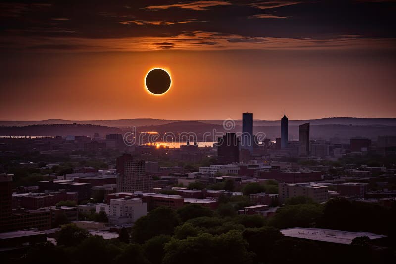 Illustration of April 8, 2024 Total Solar Eclipse, American City during ...