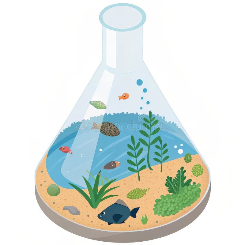 Illustration of an Aquatic Ecosystem in a Beaker with Fish and Plants ...