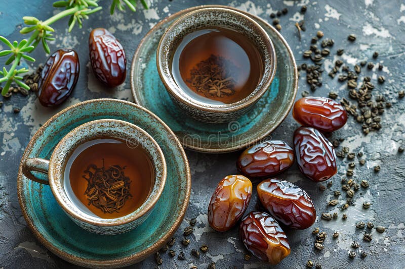 Arabic Dates and Tea on a Concrete Background, High Quality, High ...