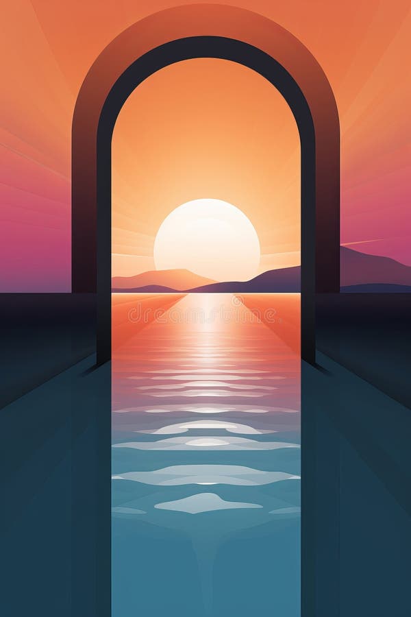 An Illustration of an Arch Over the Water at Sunset Stock Illustration ...