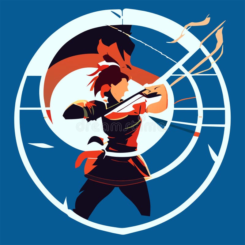 Painting of an Archer with a Bow and Arrow Aiming at a Target ...