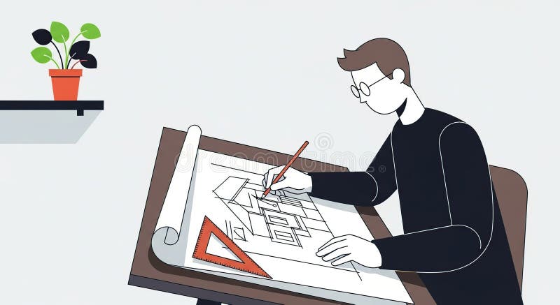 Architect at Work: Drawing Blueprint Stock Illustration - Illustration of professional, ruler ...