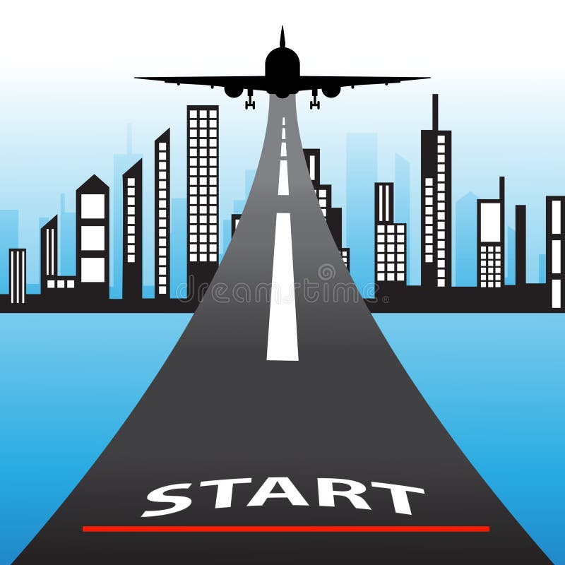 Illustration of Architectural Building with Flying Airplane and Word ...