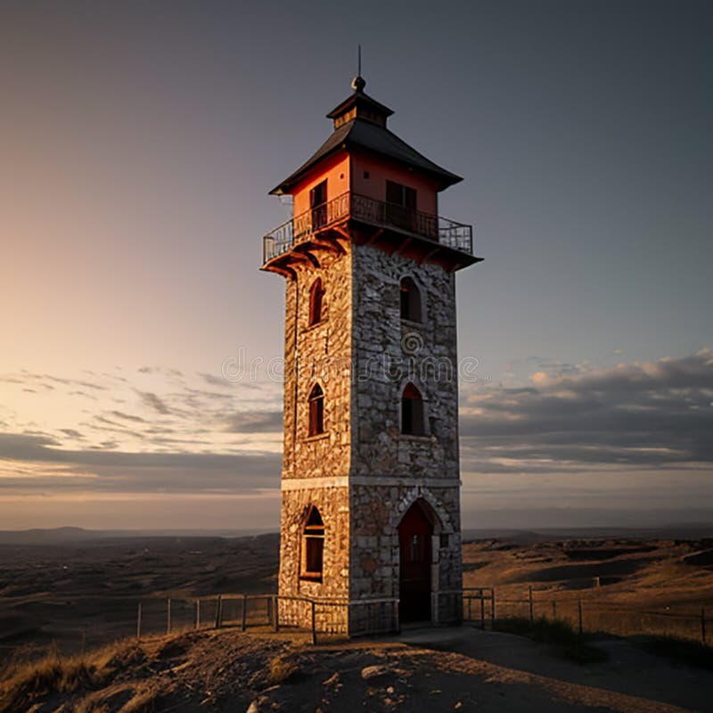 Illustration, Asian Watch Tower on a Hill at Sunset Stock Illustration ...