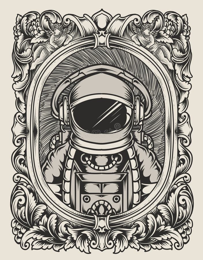 Illustration Astronaut with Engraving Ornament Frame Stock Vector ...