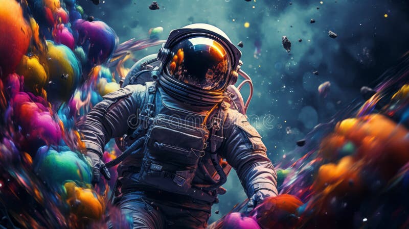 Illustration of an Astronaut Exploring a Vibrant Bubble-filled Space ...