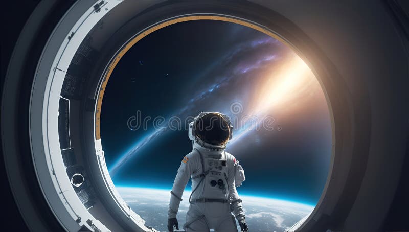Illustration of an Astronaut Surfing in Space and Looking into the ...