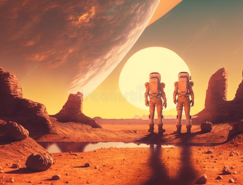 Astronauts on alien planet stock illustration. Illustration of ...