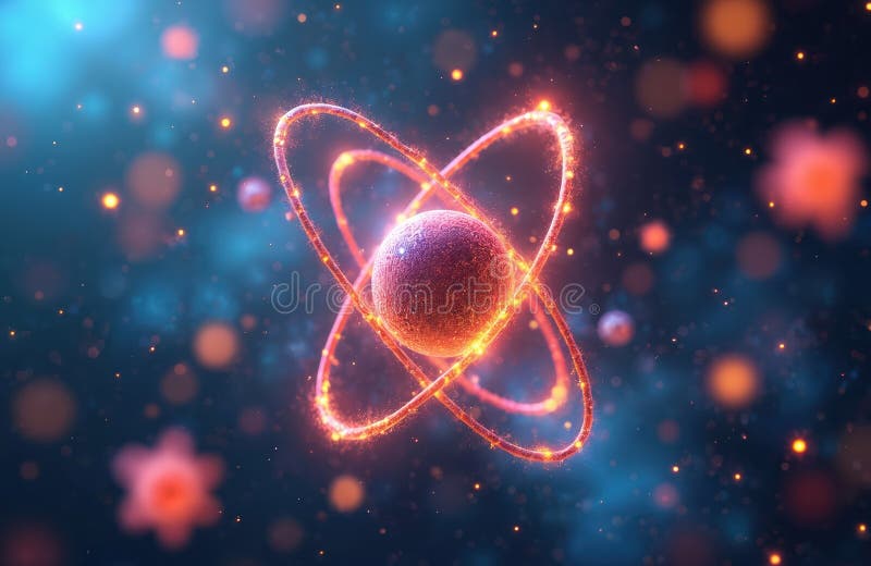 Illustration of Atomic Model. Glowing Atom Core, Orbiting Electrons ...