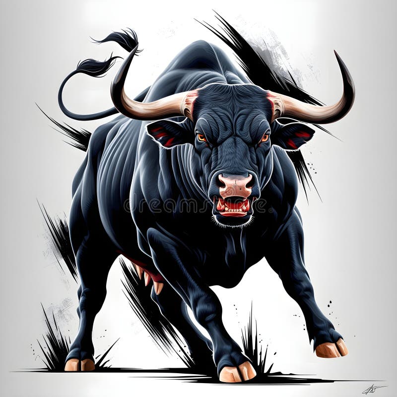 Illustration of an Attacking Black a Bull White Background Stock ...
