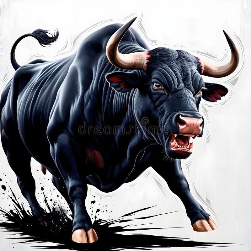 Illustration of an Attacking Black a Bull White Background Stock ...
