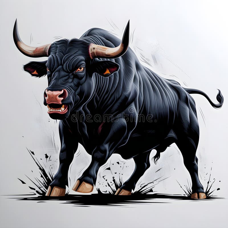Illustration of an Attacking Black a Bull White Background Stock ...
