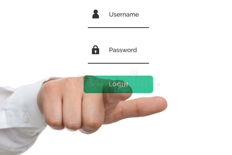 Illustration of Interface and Man Pressing Button LOGIN on White ...